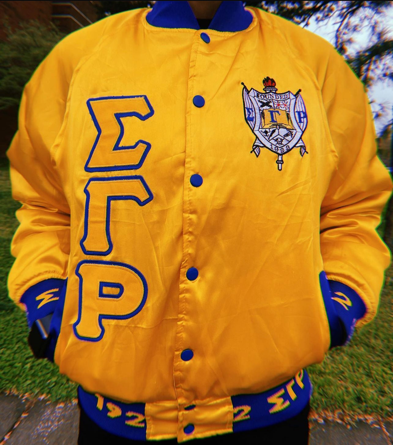 SGRho Gold Satin Bomber Jacket Custom Ribbon And Lining – The King ...